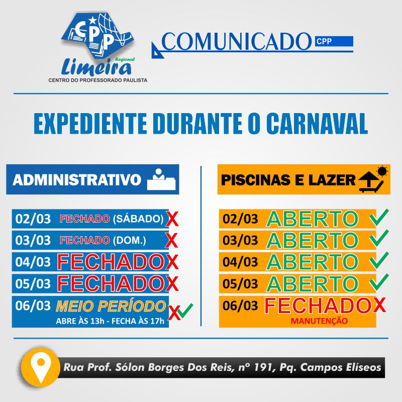 Horários do administrativo e áreas de lazer do clube neste carnaval – CPP Limeira