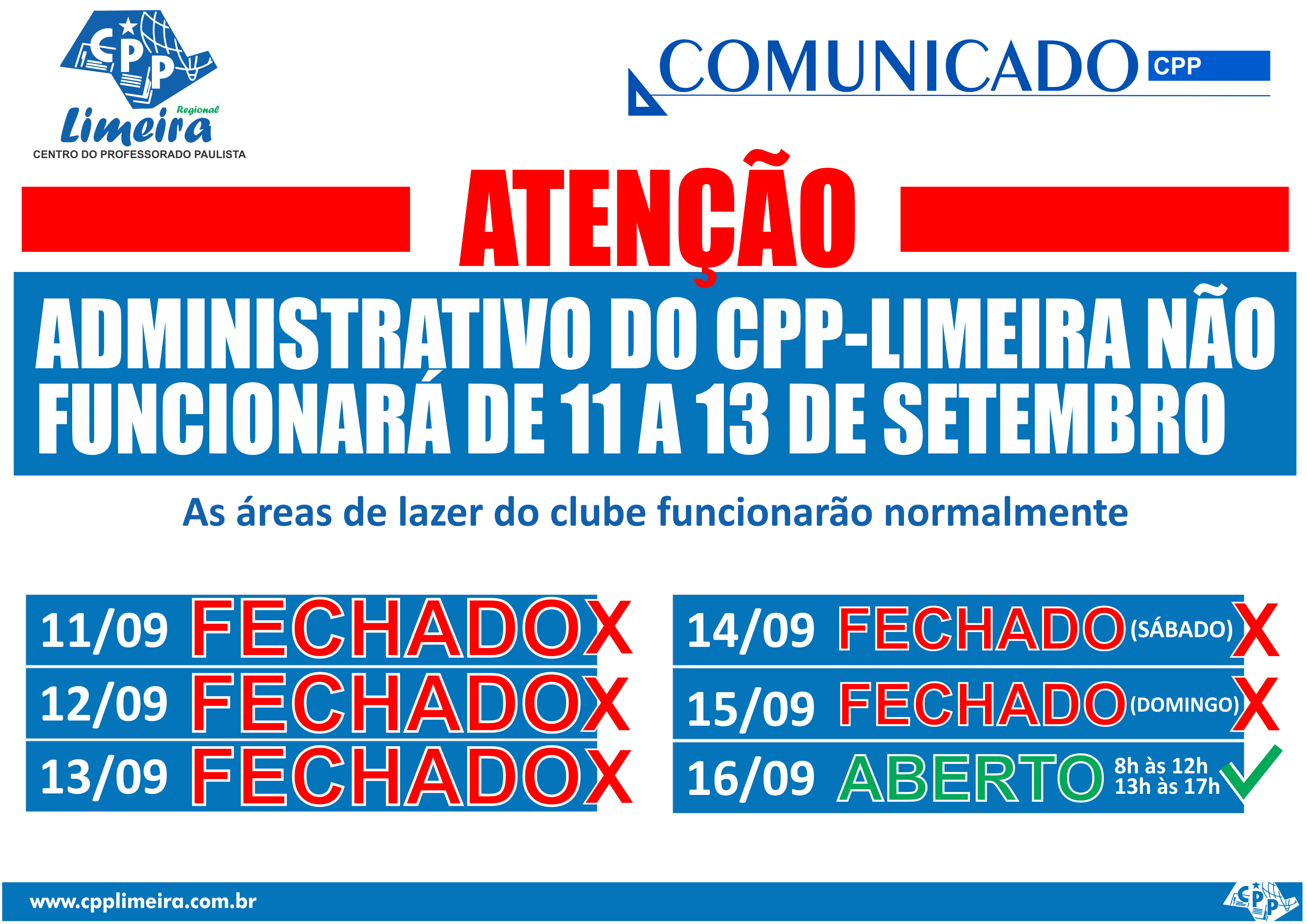 COMUNICADO – CPP fechado na feira – CPP Limeira